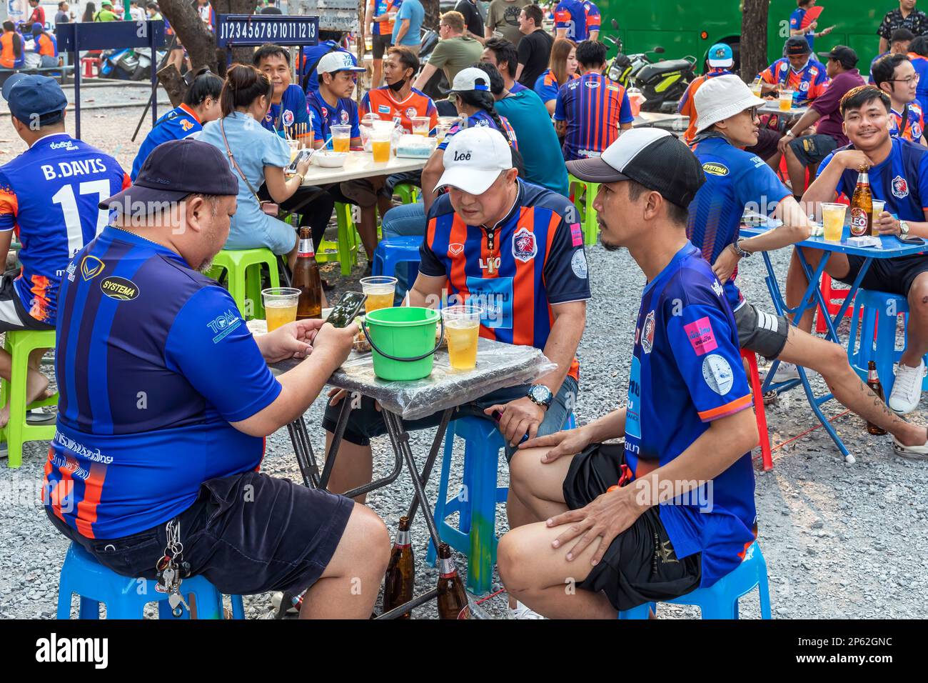 Thai football supporters eating and drinking before home game, Klong ...