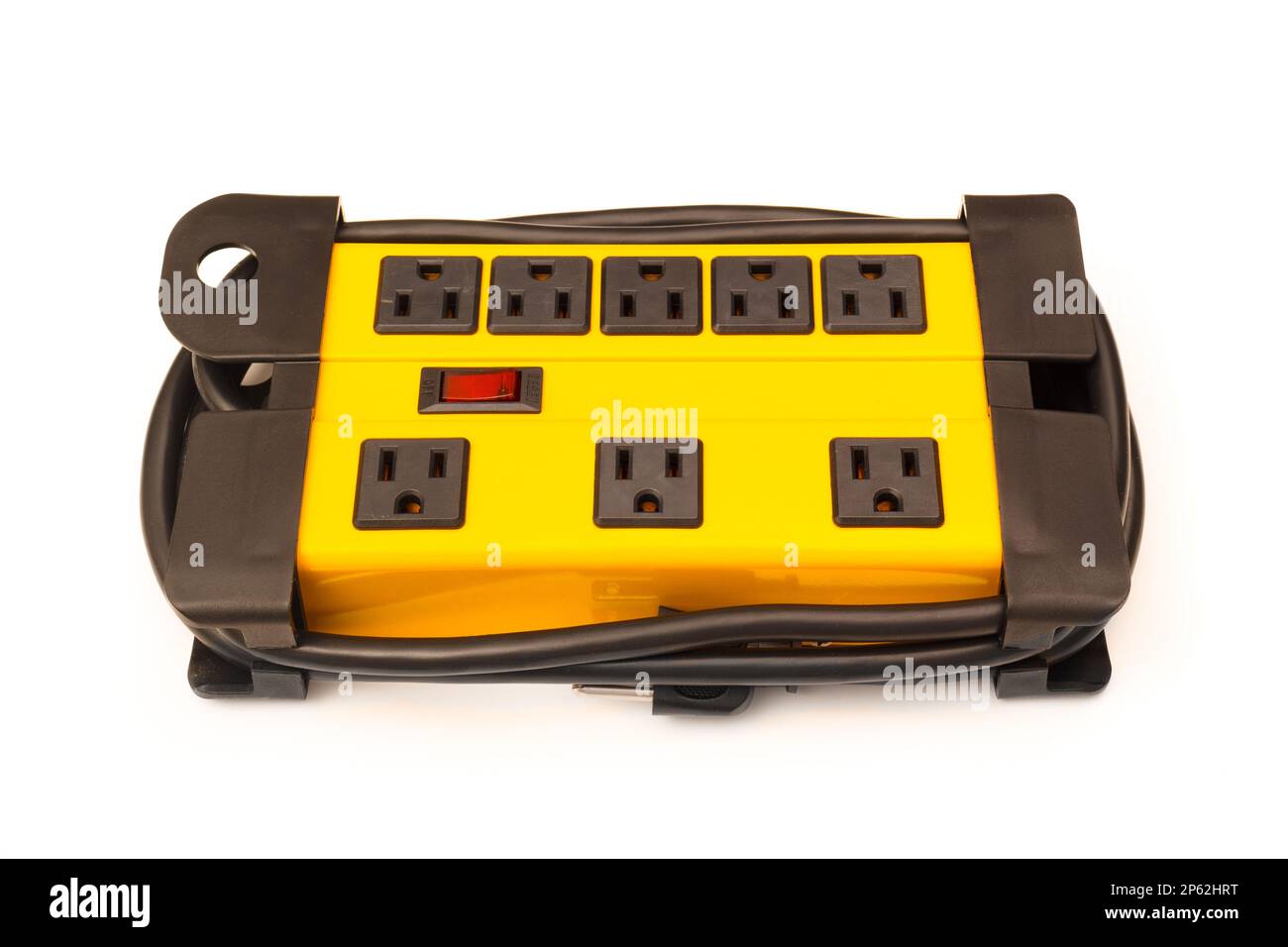 Yellow power strip with multiple plugs on white Stock Photo - Alamy