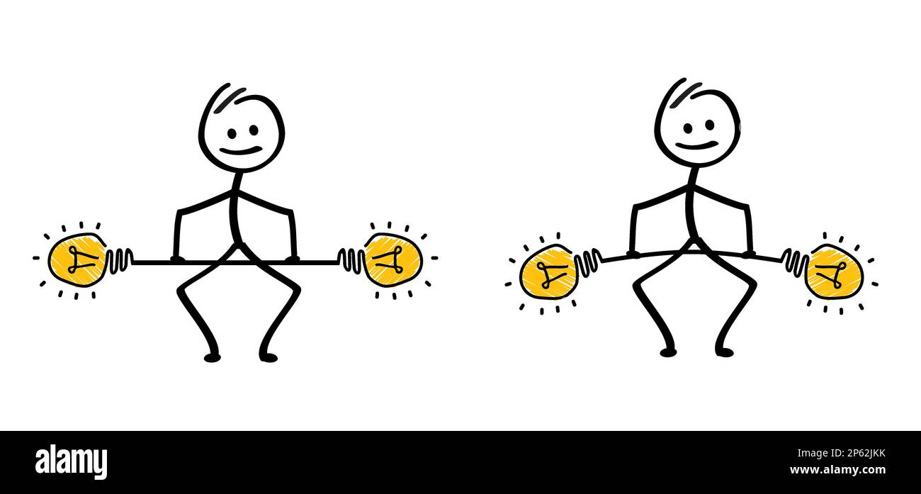 Cartoon stickman, stick figure man and weightlifting. Weightlift, lamp ...