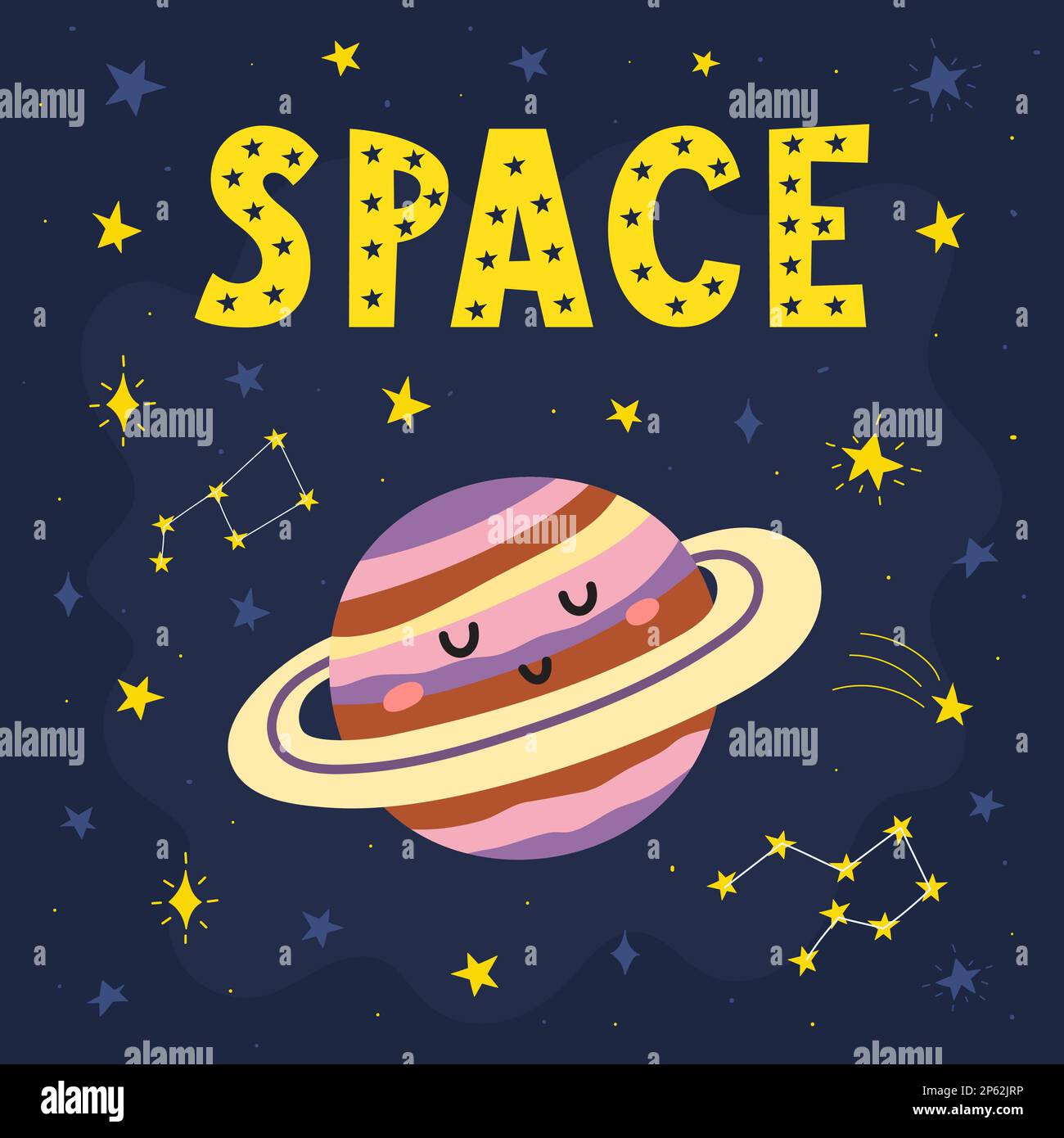 Space print with cute Saturn. Cosmic card in cartoon style Stock Vector ...