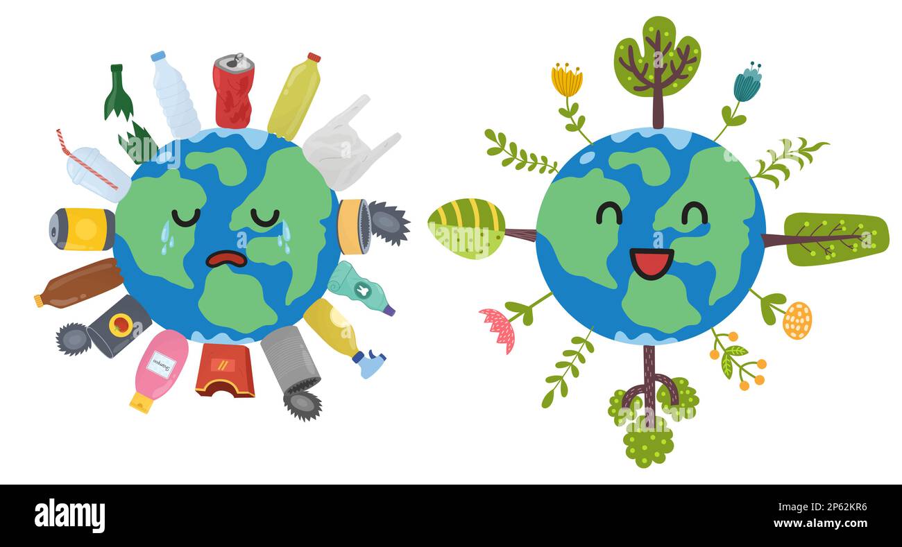 Save the planet print with cute character. Two states of Earth Stock ...
