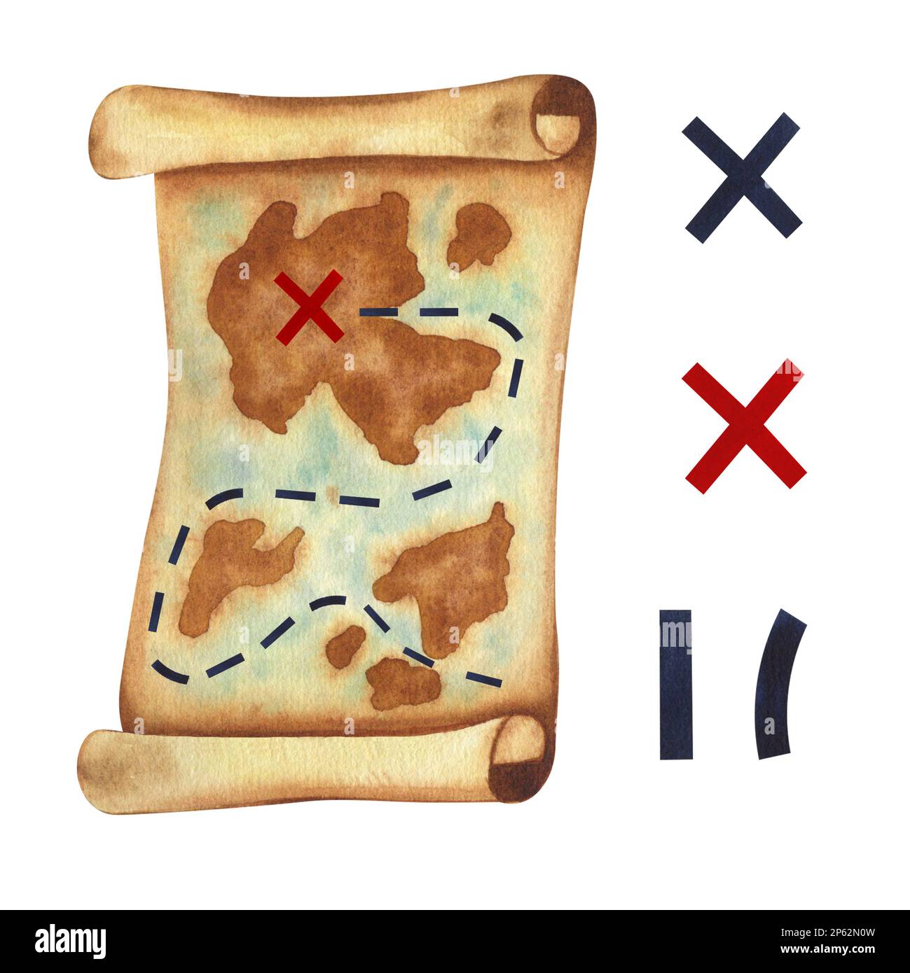 Treasure map on a scroll with islands illustration painted in ...