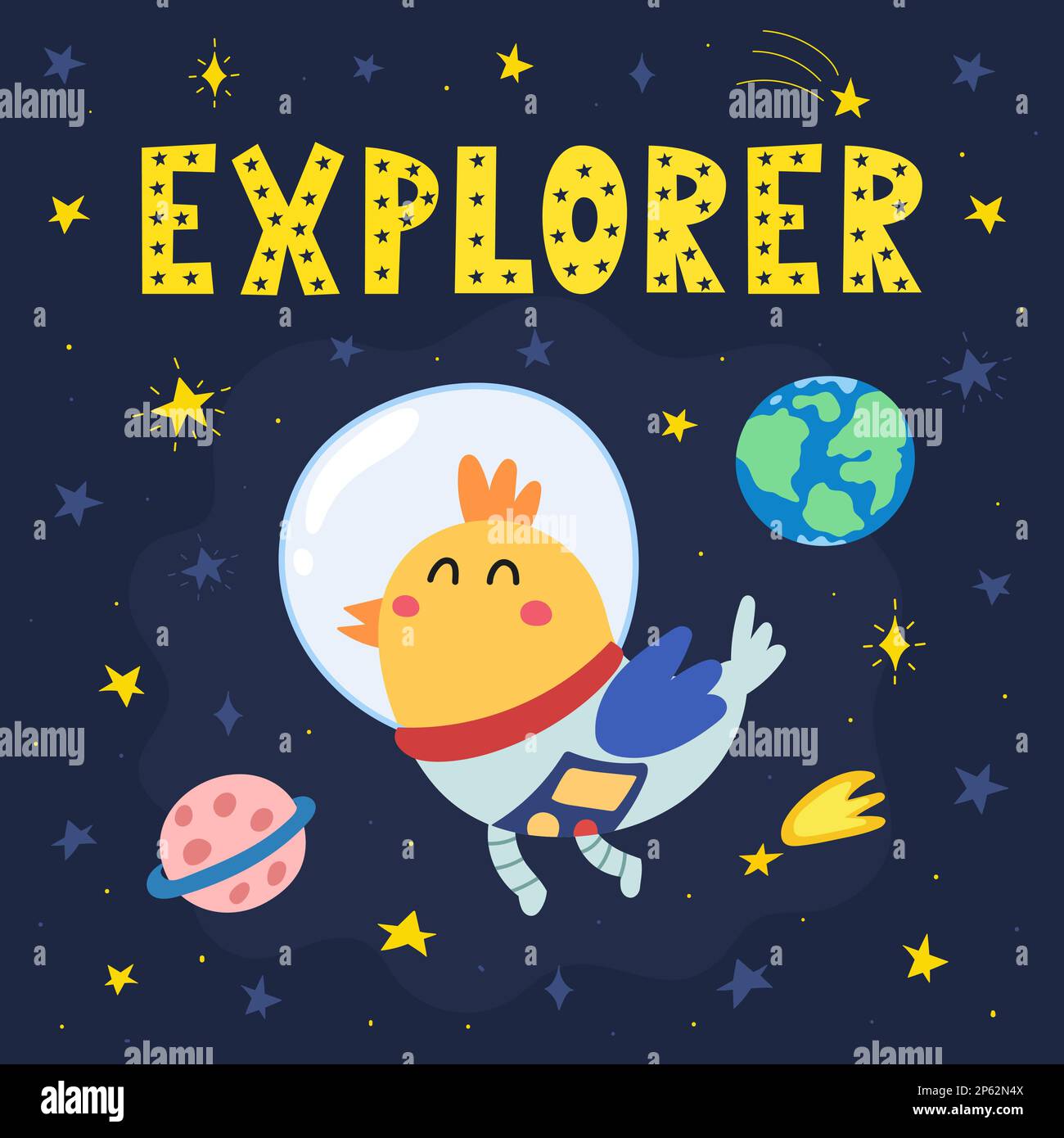 Explorer space print with cute bird astronaut. Cosmic card in cartoon ...