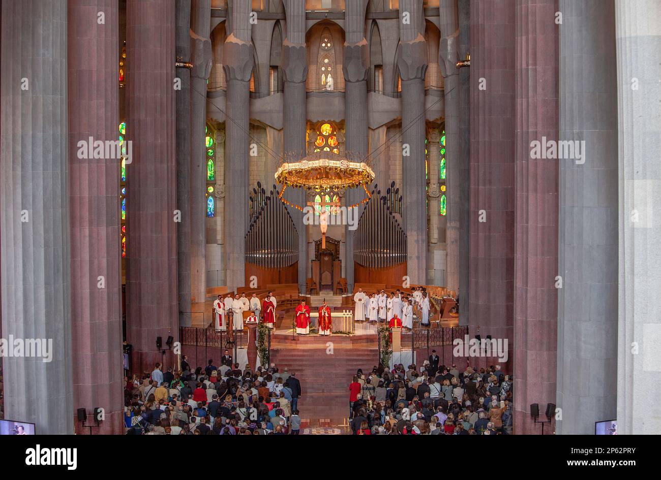 Mass,Interior of Basilica Sagrada Familia,nave, Barcelona, Catalonia ...