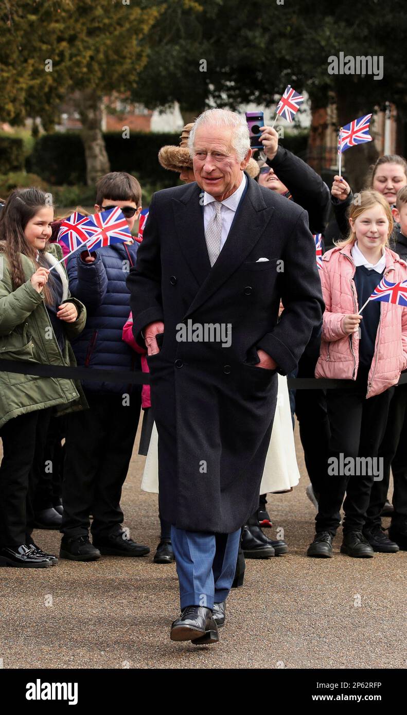 Britain's King Charles walks during a visit to Colchester Castle in ...