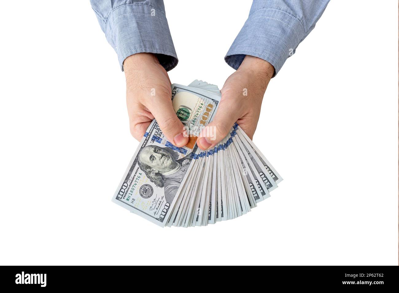 Businessman's hand wearing suit holding US dollars money fan isolated ...