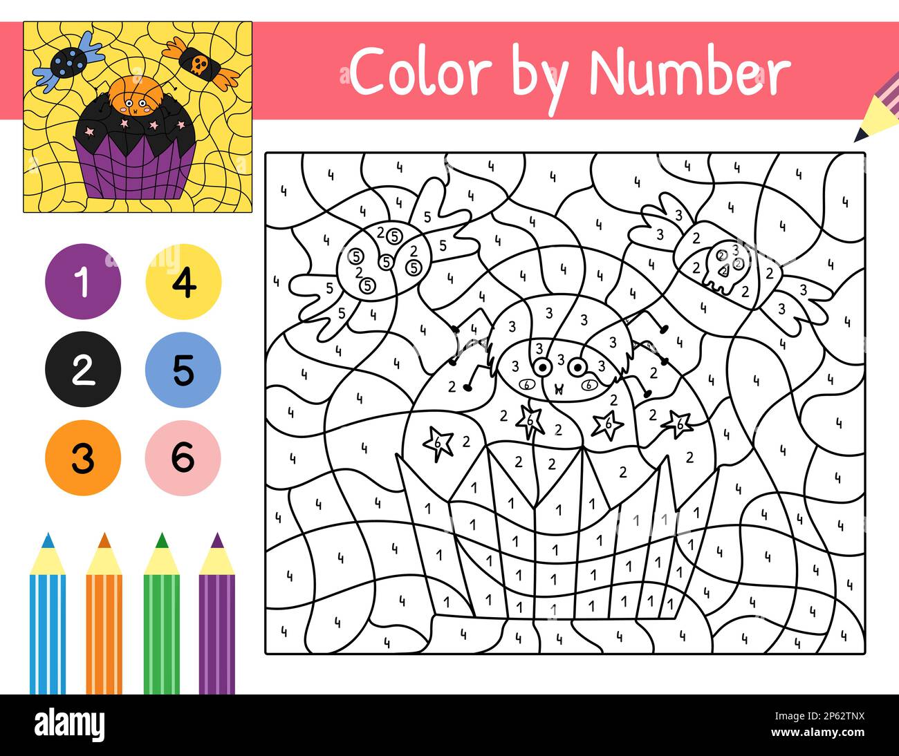 Halloween color by number game with a cute spider on cupcake. Trick or ...