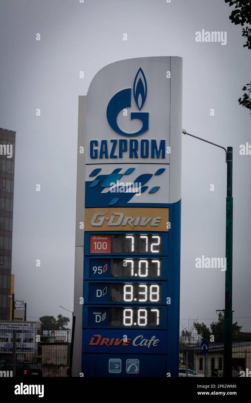 Picture of the Gazprom sign with their logo on their gas station for ...