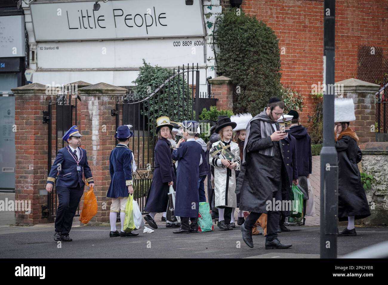 London, UK. 7th March, 2023. British Haredi Jews in north London gather ...