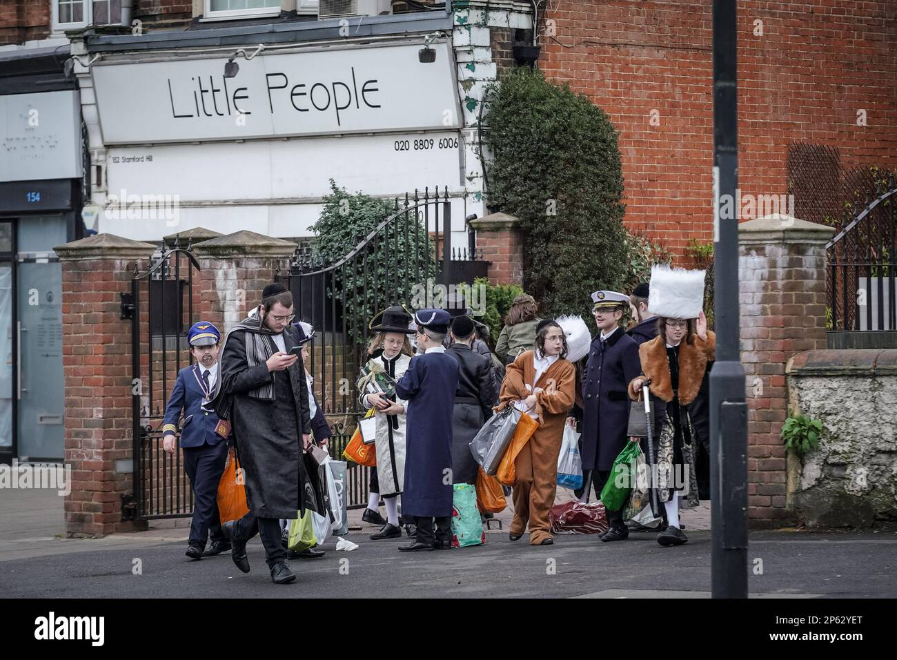 London, UK. 7th March, 2023. British Haredi Jews in north London gather ...