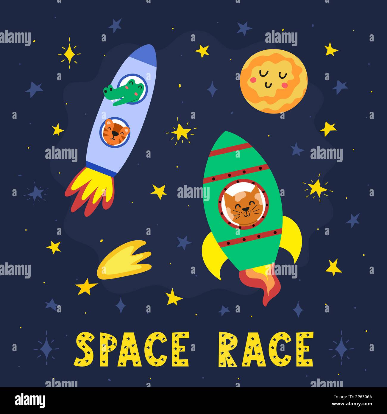 Space Race print with cute animals astronauts in the rockets Stock ...