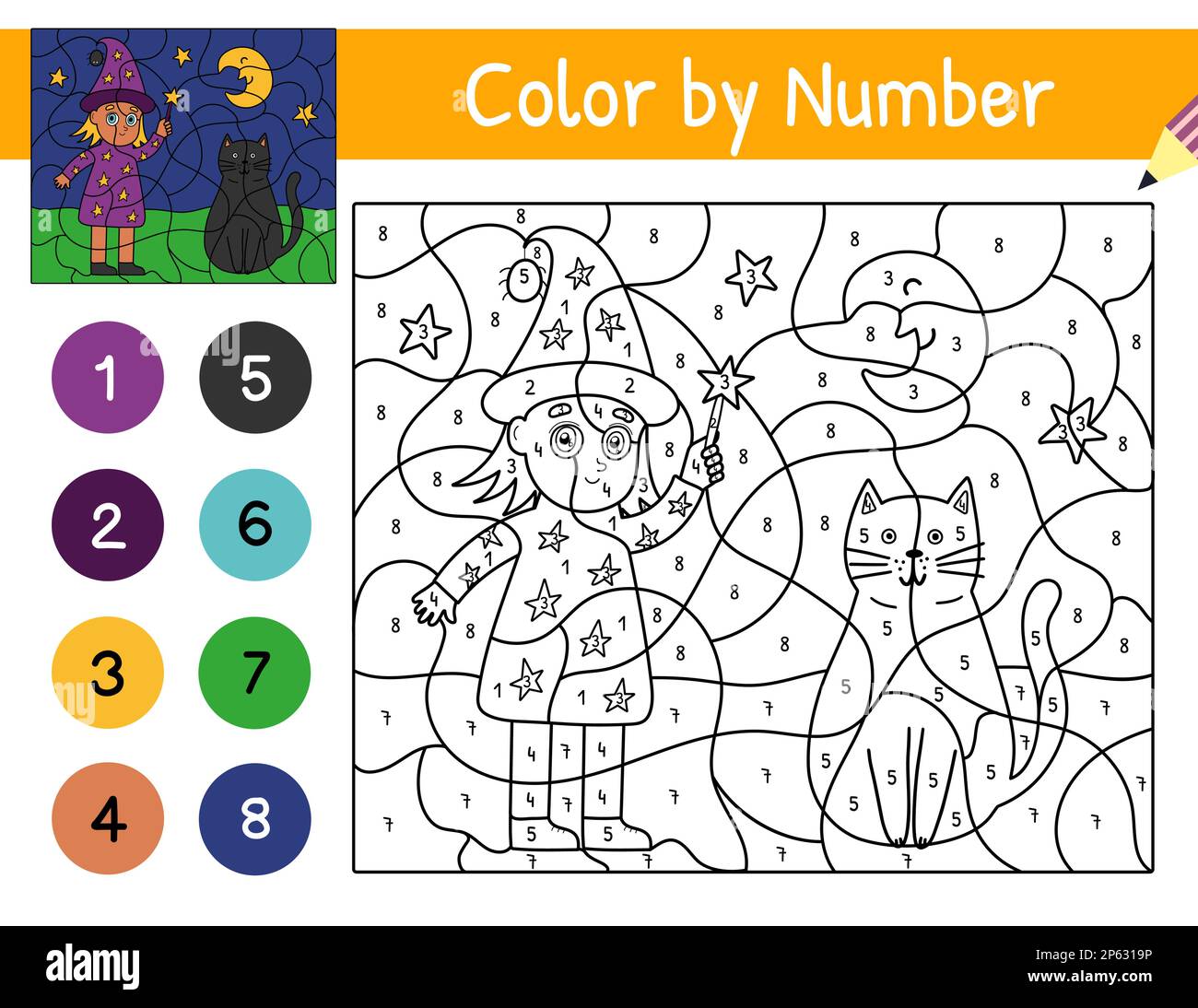 Halloween color by number game with cute witch and cat Stock Vector ...