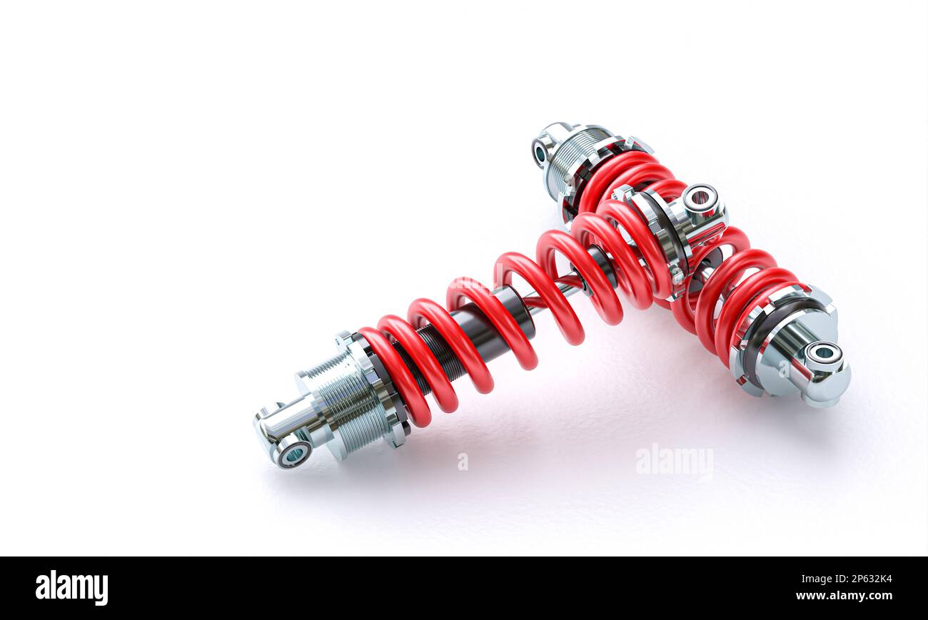 car shock absorbers with red spring and white background . 3d render ...