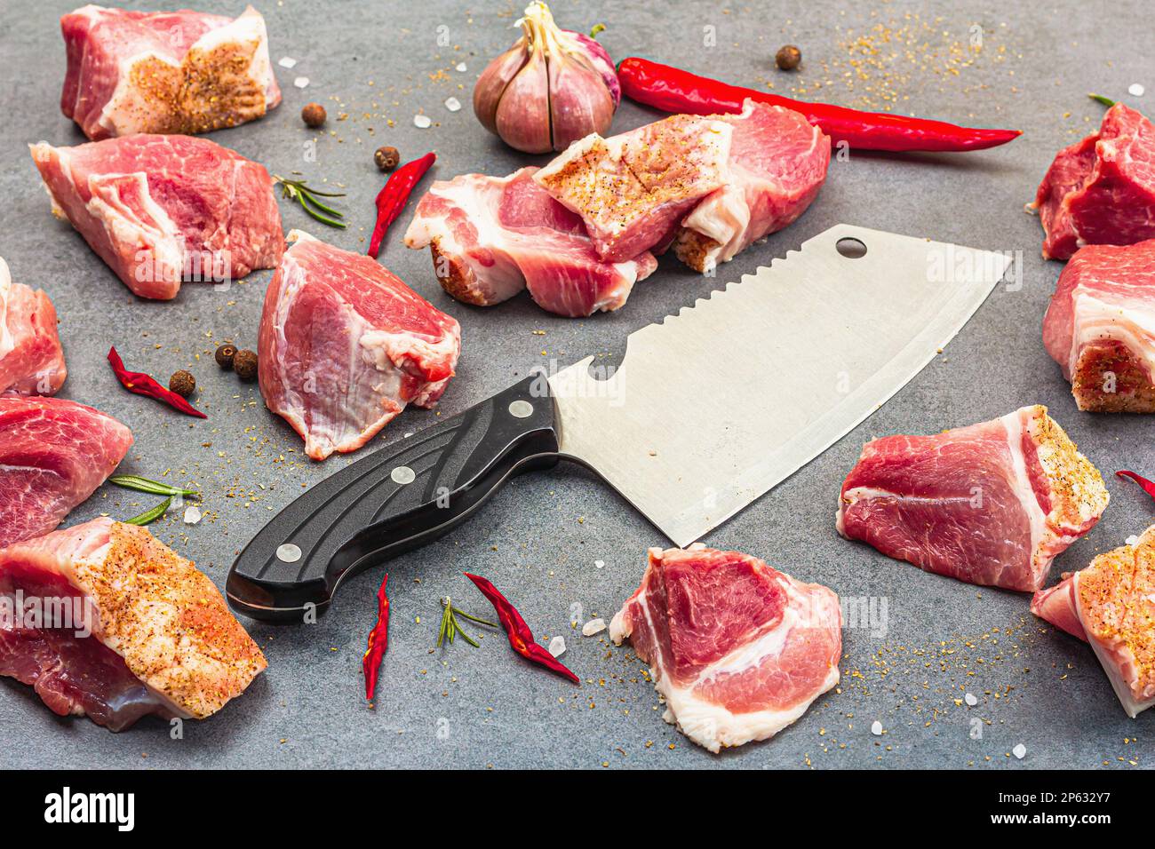 Raw pork shoulder pieces with ground spices. Fresh meat cut, ingredient ...