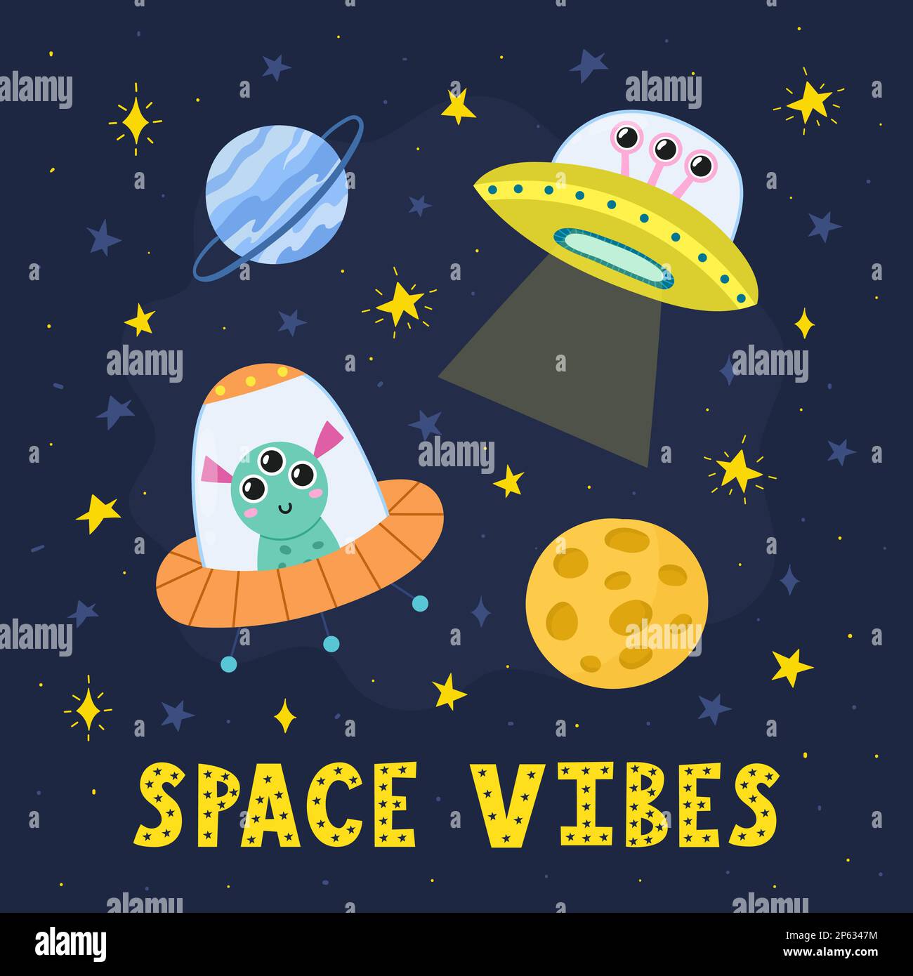 Space Vibes print with cute aliens in flying saucer Stock Vector Image ...