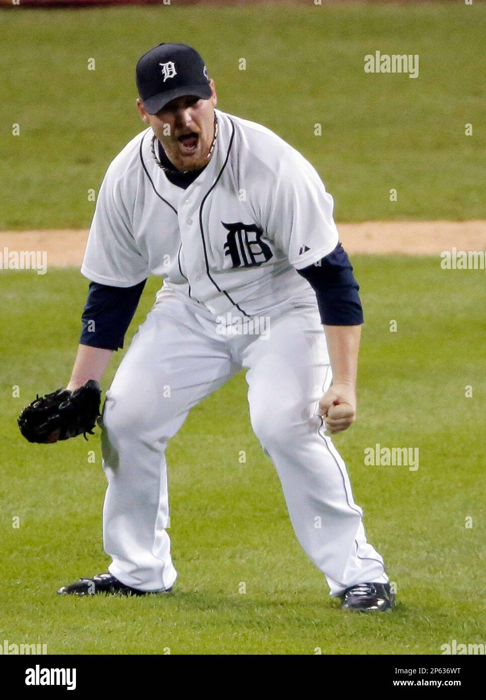 Detroit Tigers' Phil Coke celebrates after winning Game 4 of the ...