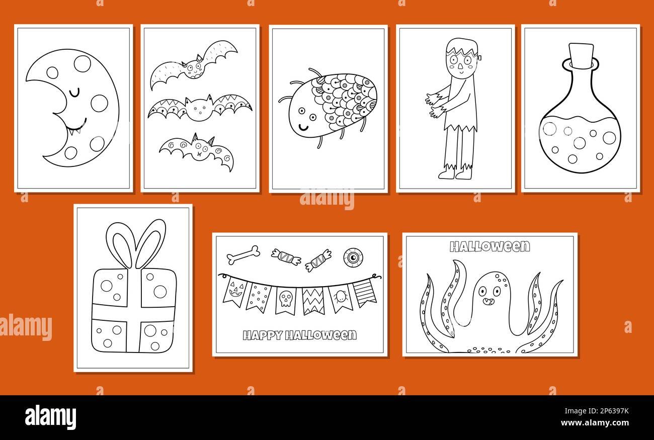 Halloween coloring pages bundle. Cute spooky characters prints set ...