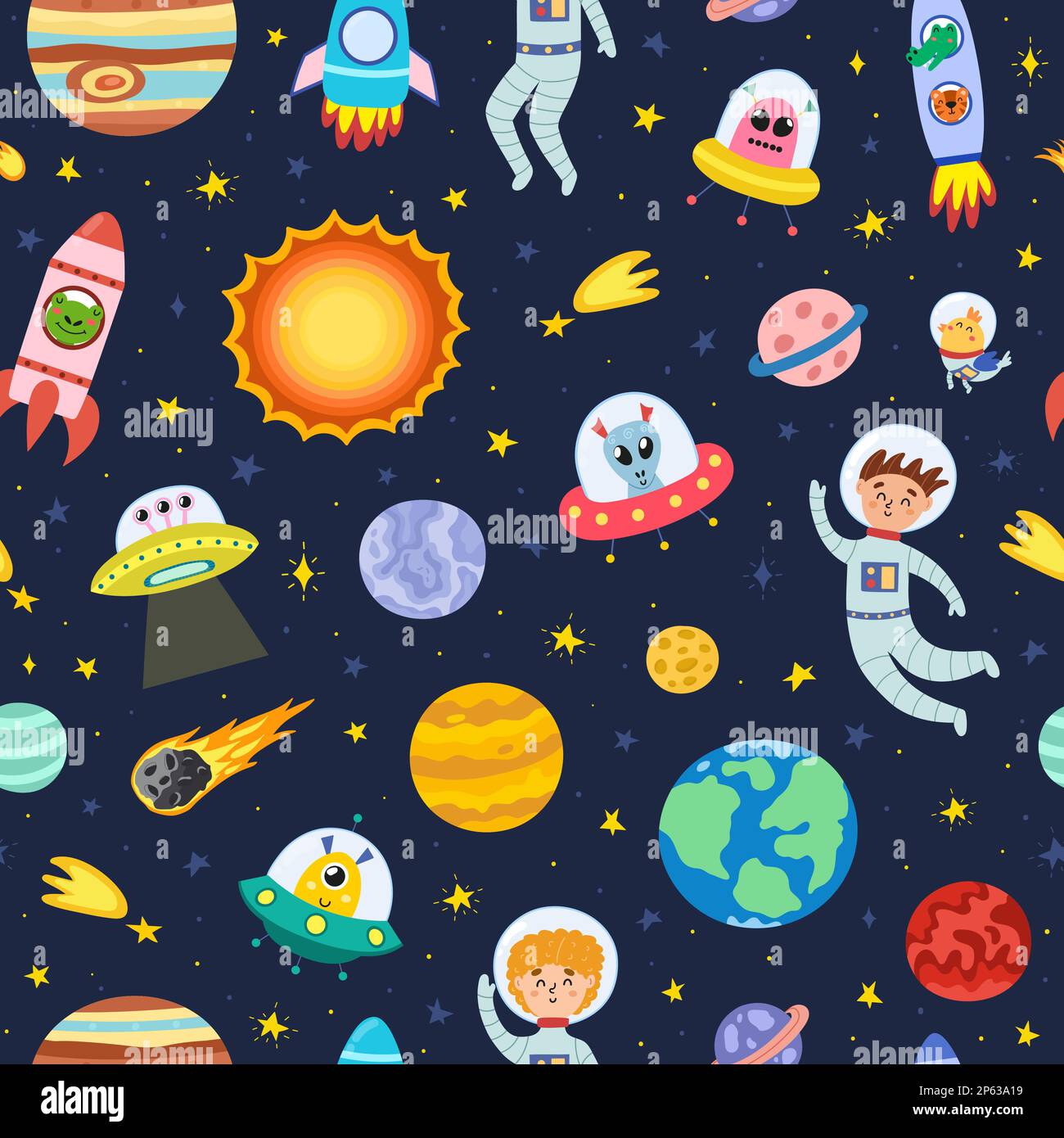 Cute space seamless pattern with astronauts, aliens and planets Stock Vector Image & Art - Alamy