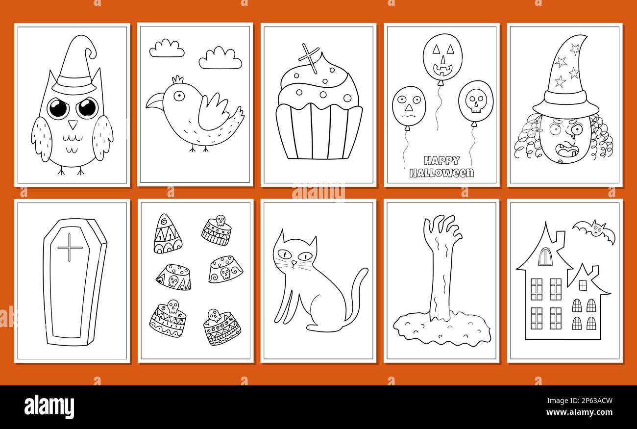 Halloween coloring pages bundle. Cute spooky characters prints set with ...