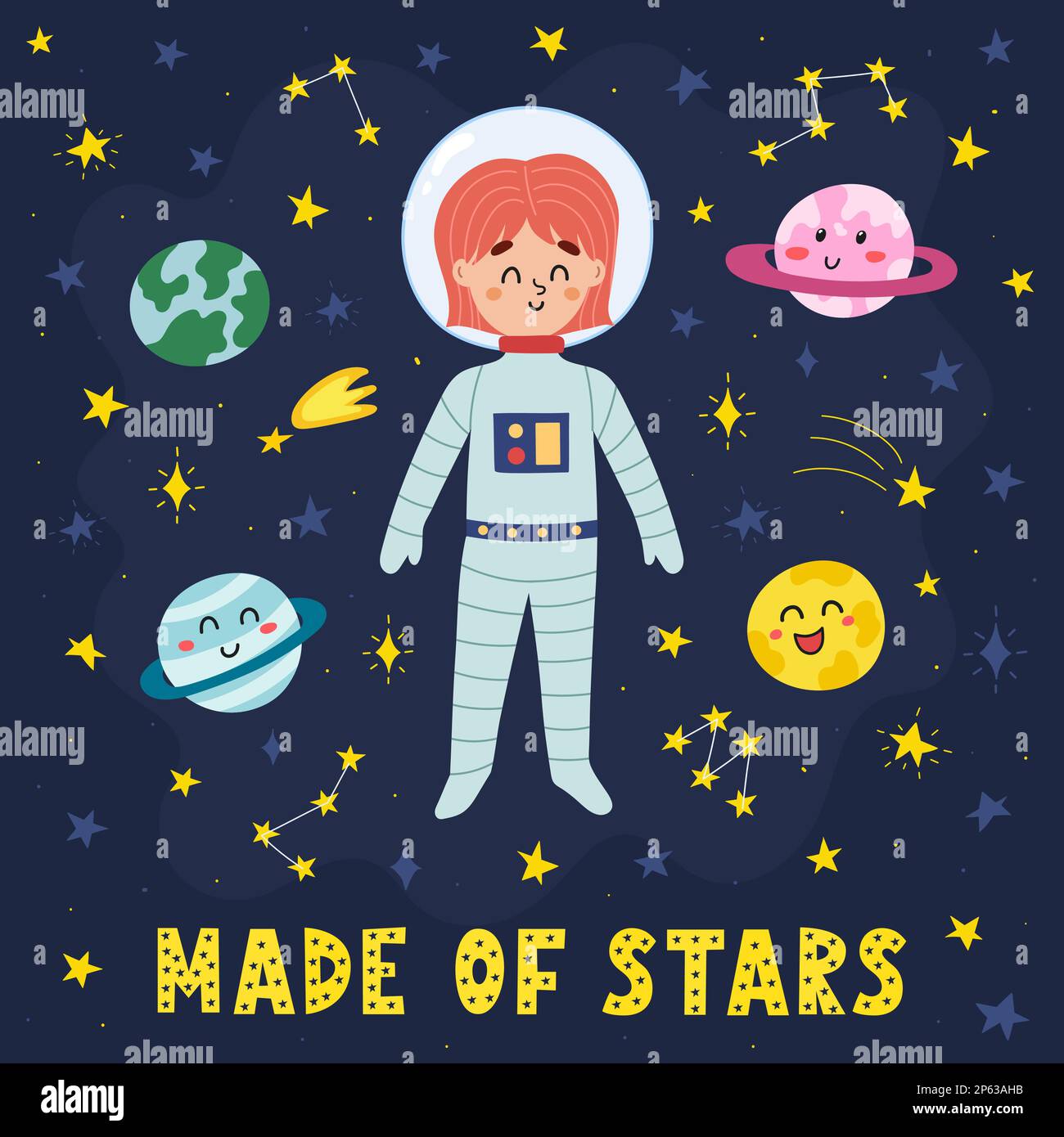 Made of Stars print with cute girl astronaut. Cosmic card Stock Vector ...