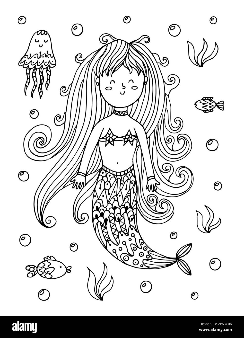 Cute mermaid hand drawn coloring page. Long hair sea girl print Stock ...