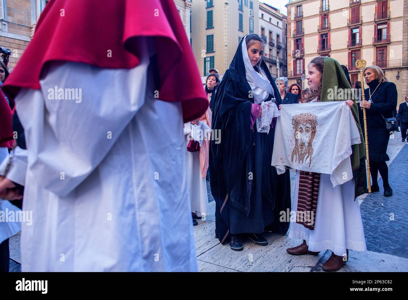 Penitents in procession, sisterhood of Virgen de las Angustias,Good ...