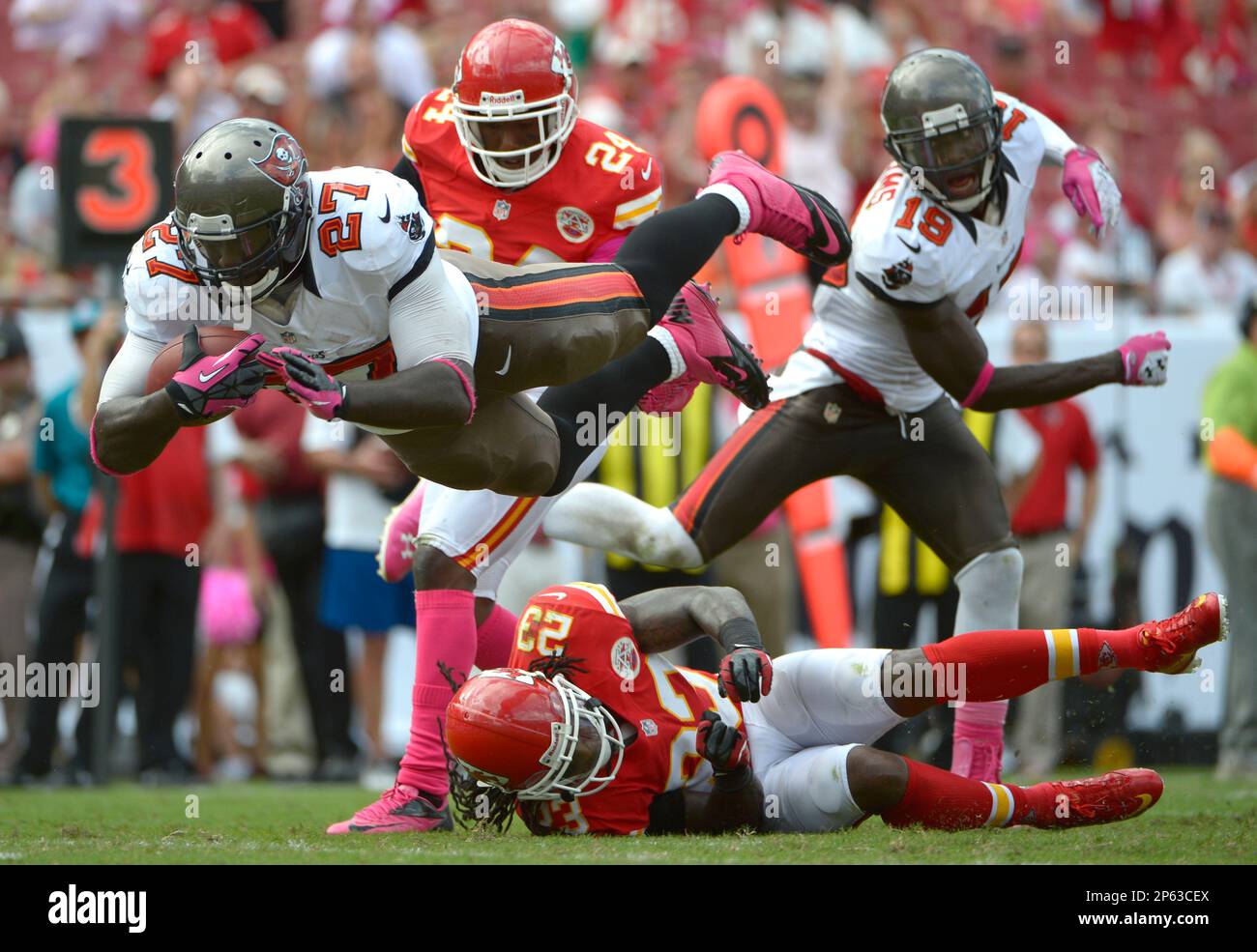 Tampa Bay Buccaneers running back LeGarrette Blount (27) dives over ...