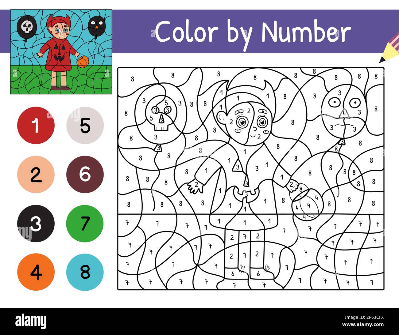 Cute kid in devil costume color by number game for kids. Coloring page ...
