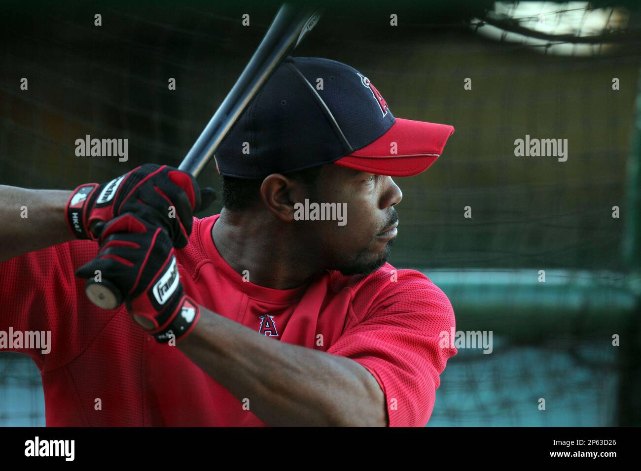 Howie Kendricks #47 of the Los Angeles Angels takes batting practice ...