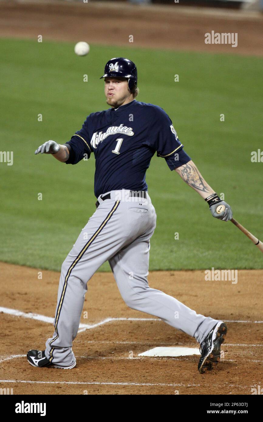 Corey Hart #1 of the Milwaukee Brewers bats against the Los Angeles ...