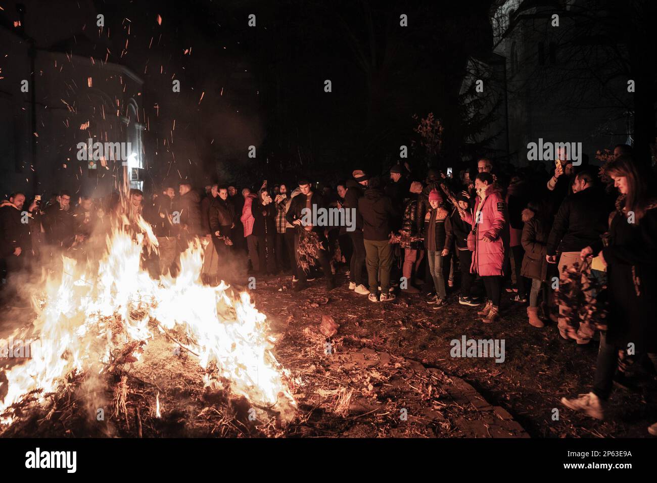 People burning Badnjak on Orthodox christmas night in belgrade, Serbia ...