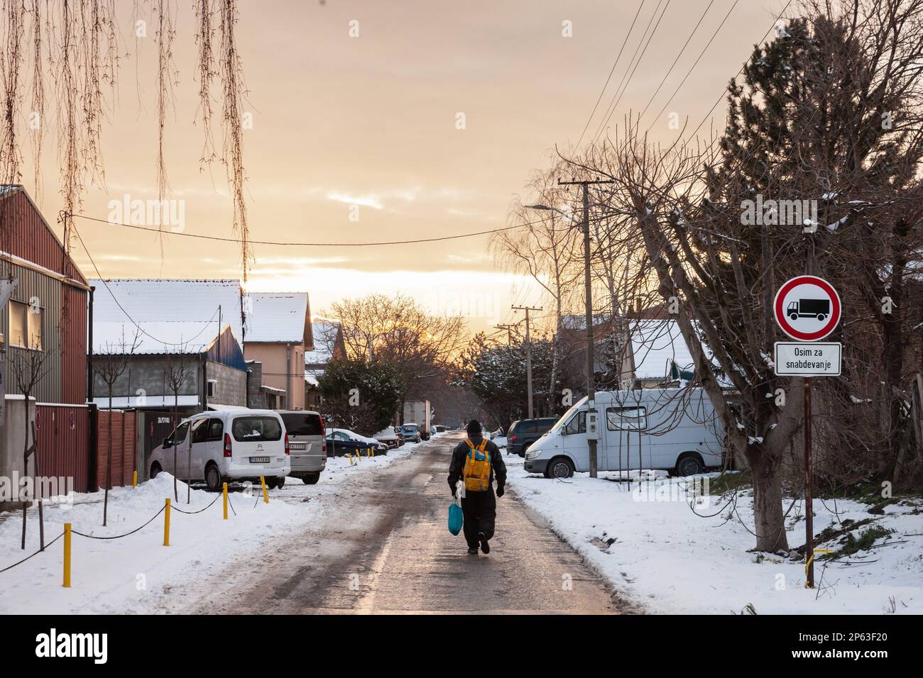 Picture of the streets of a rural village, Omoljica, covered in snow ...