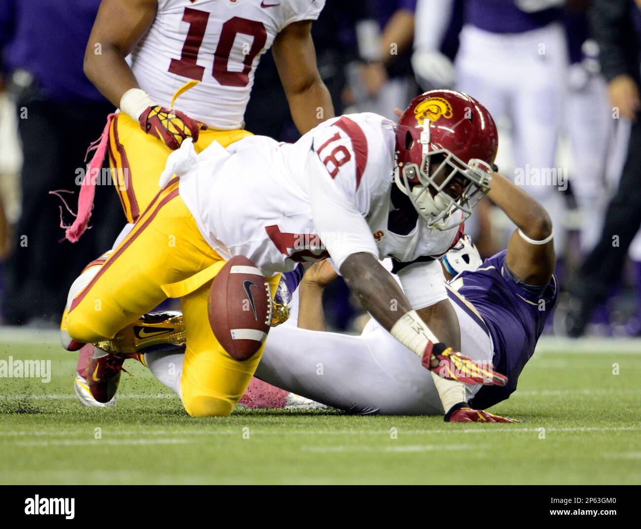 October 13, 2012. .USC Trojans linebacker Dion Bailey #18 knocks the ...