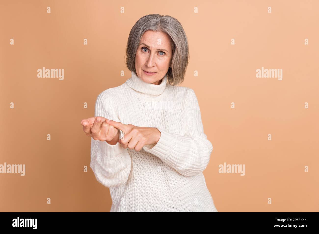 Photo of serious angry lady dressed white sweater counting fingers ...