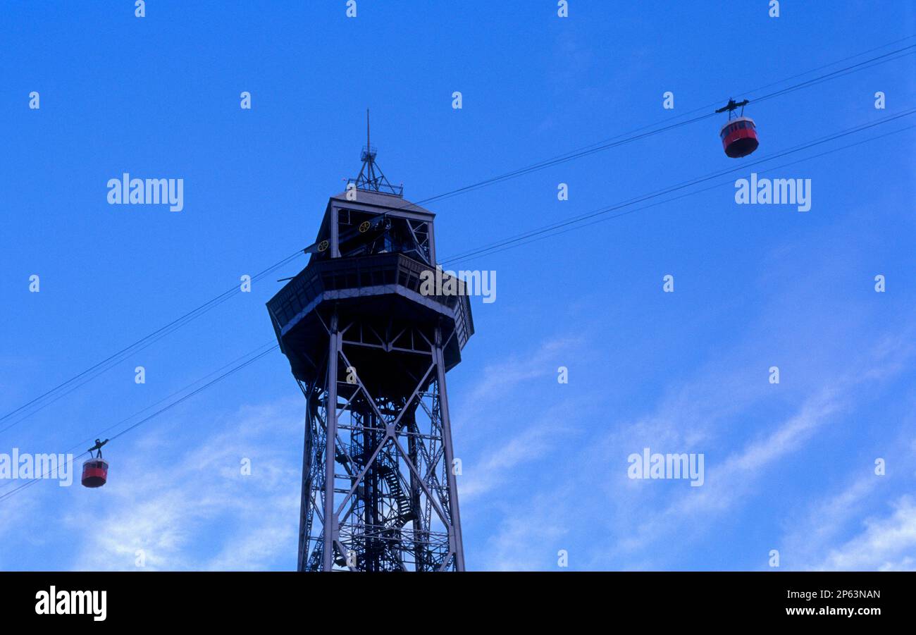 Barcelona: San Sebastián tower (1931). Cable-car. In harbour of ...