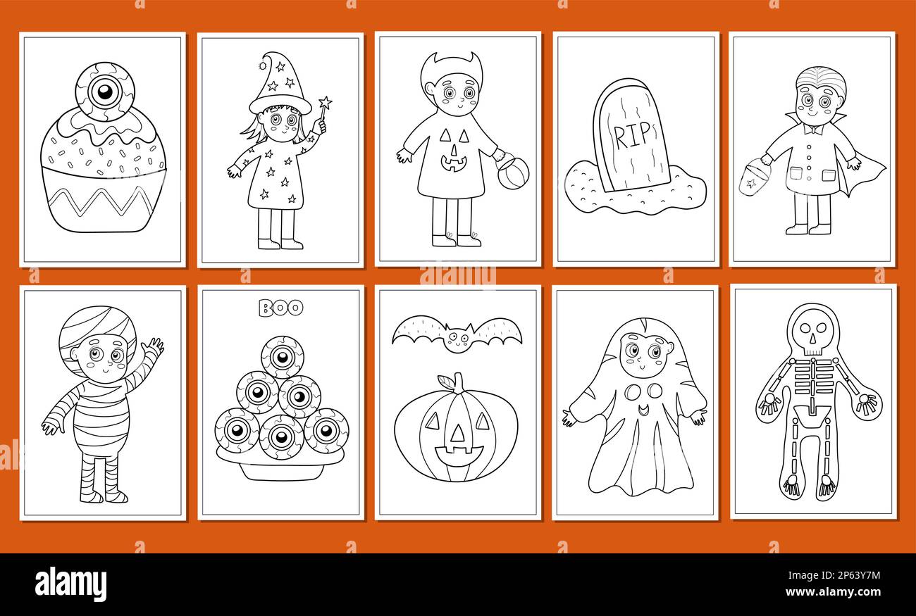 Halloween coloring pages bundle. Cute spooky characters prints set for ...