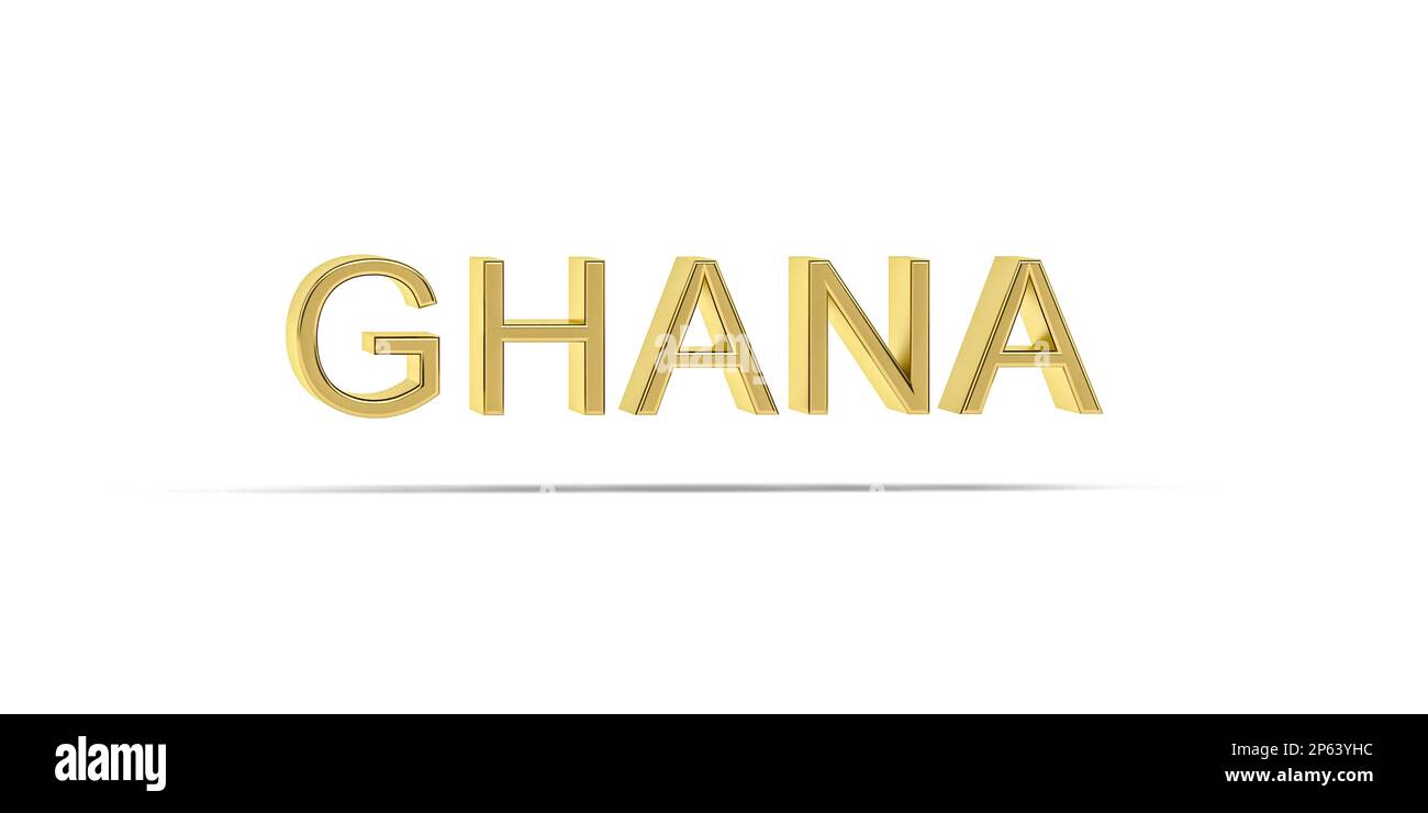 Golden 3D Ghana inscription isolated on white background - 3D render ...