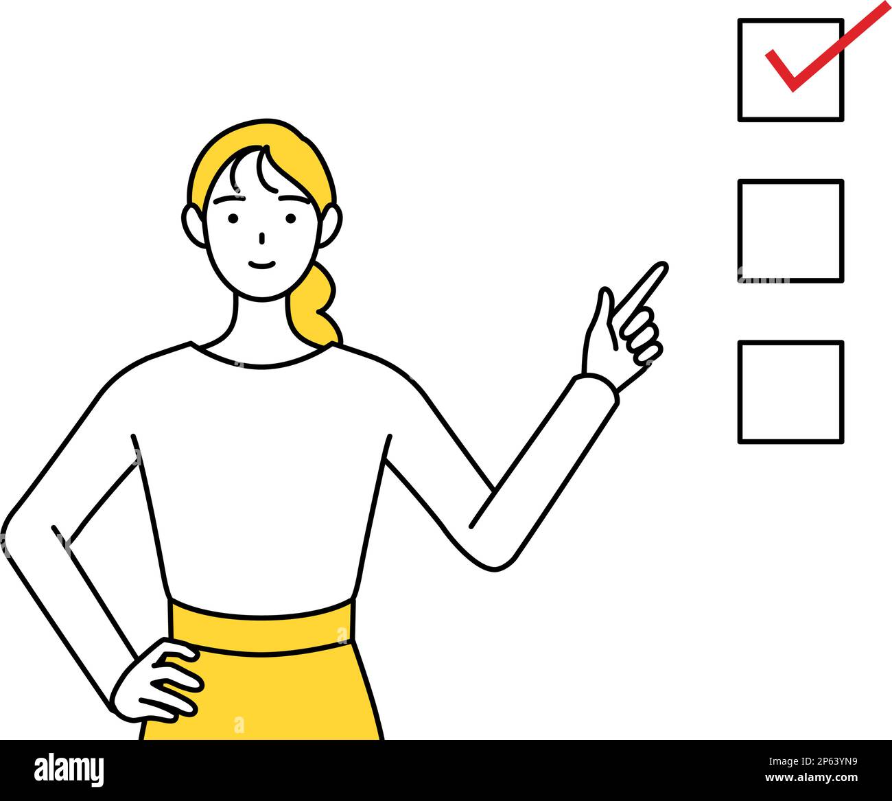 A casually dressed young woman pointing to a checklist, Vector ...