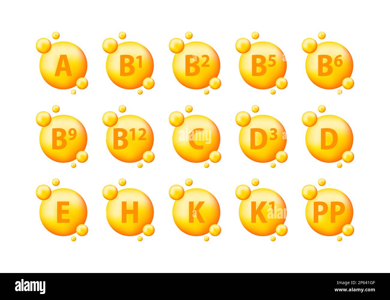 Multi Vitamin complex icons. Golden round capsules. Essential vitamin ...