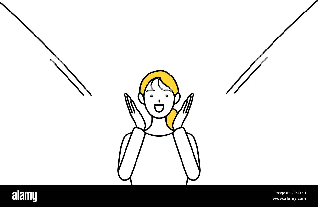 A casually dressed young woman calling out with her hand over her mouth ...