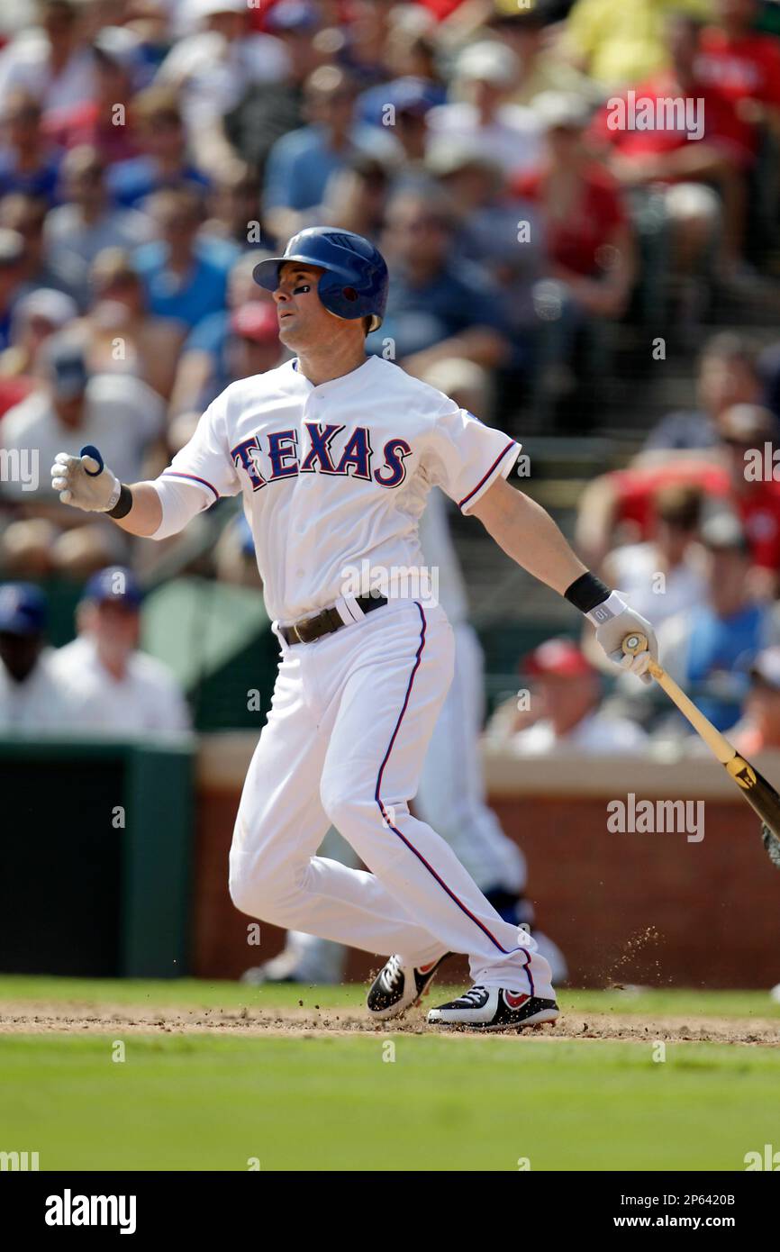 Texas Rangers Michael Young in a game vs the Oakland Athletics in a ...