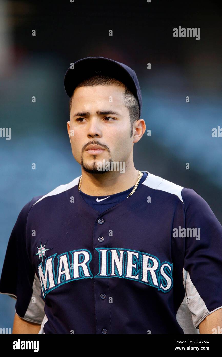 Jesus Montero #63 of the Seattle Mariners before a game against the Los ...