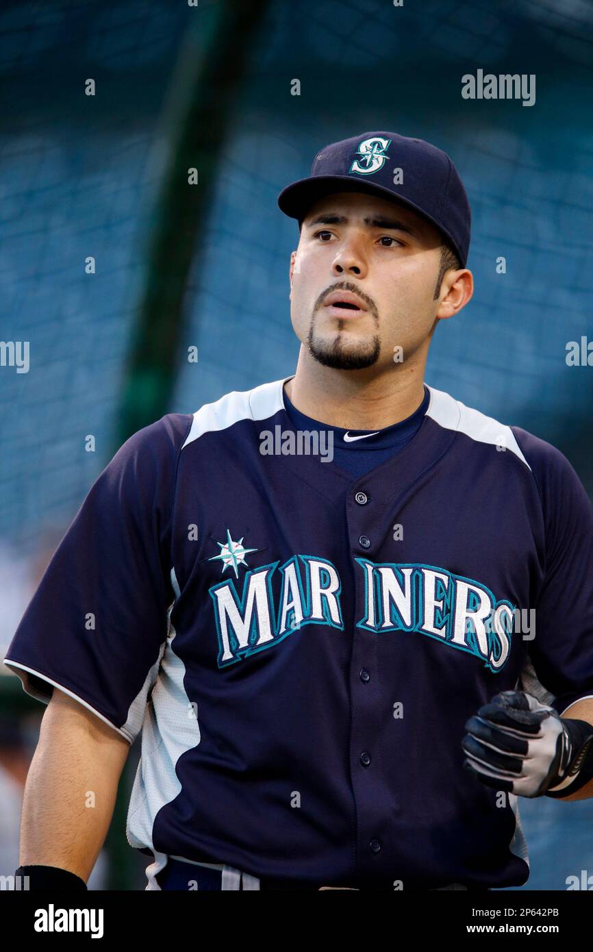 Jesus Montero #63 of the Seattle Mariners before a game against the Los Angeles Angels at Angel ...
