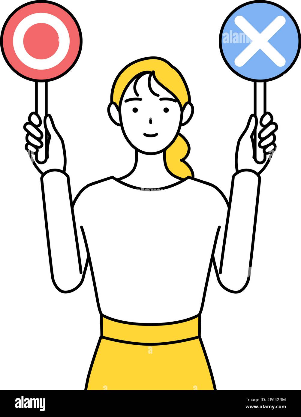 A casually dressed young woman holding a stick indicating correct and ...