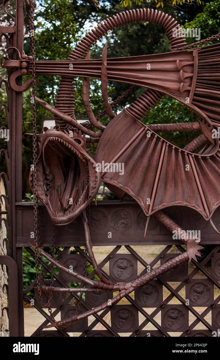 Detail of dragon on iron gate at Pavellons de la Finca Guell, by ...
