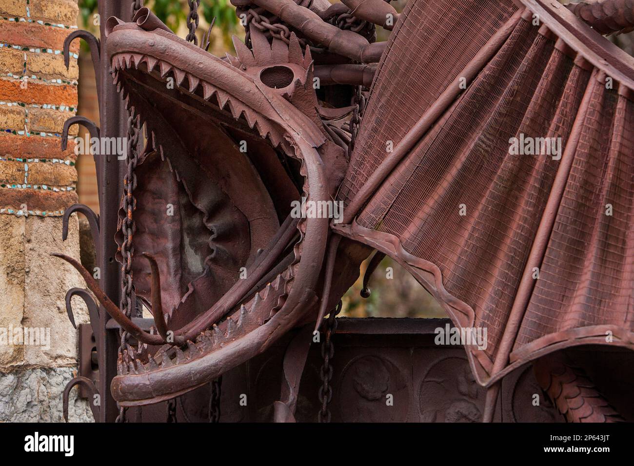 Detail of dragon on iron gate at Pavellons de la Finca Guell, by ...