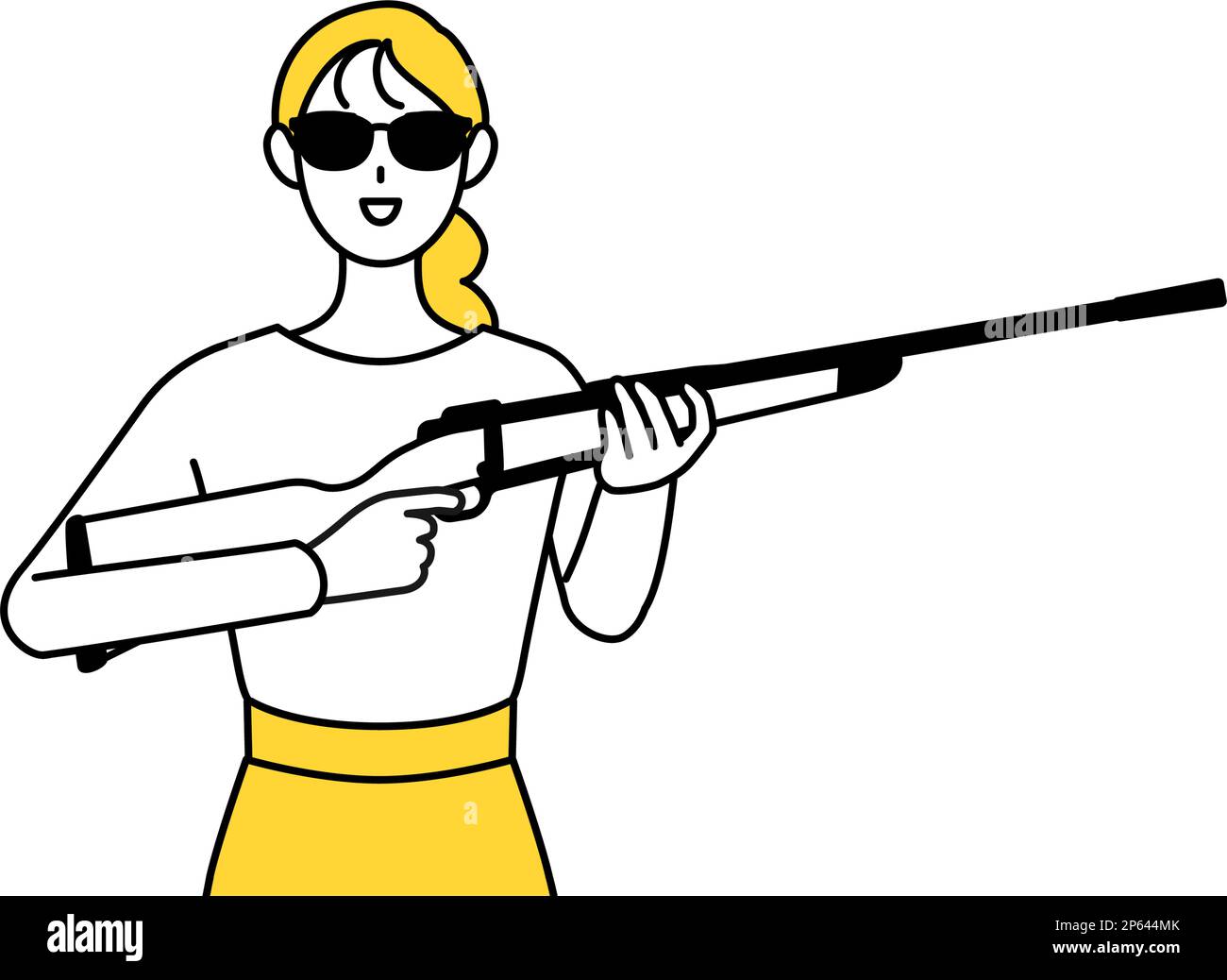 A casually dressed young woman with sunglasses and holding a rifle ...