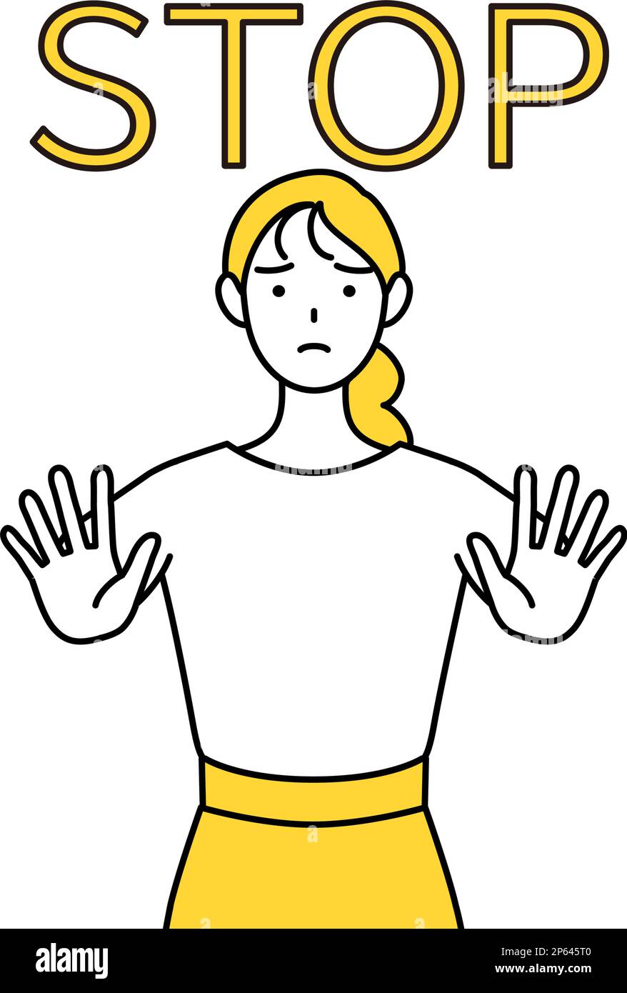 A casually dressed young woman with her hand out in front of her body ...