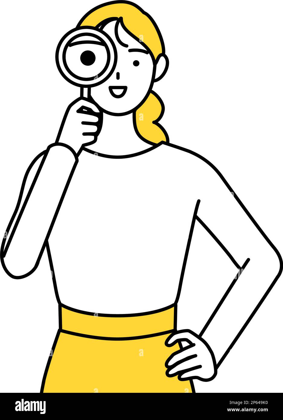 A Casually Dressed Young Woman Looking Through Magnifying Glasses Vector Illustration Stock