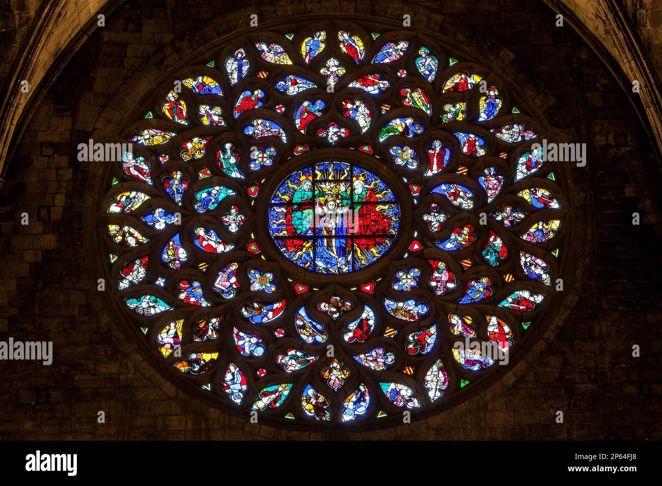 Santa Maria del Mar church. Rosette of the main facade, from inside ...